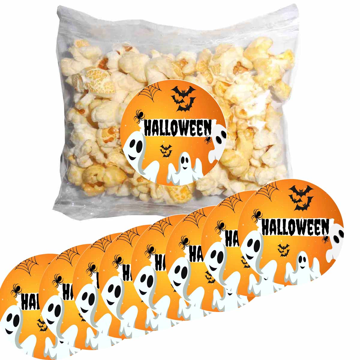 Leckeres, süßes Popcorn, 10 kleinen Tütchen und 10 Halloween-Sticker ...